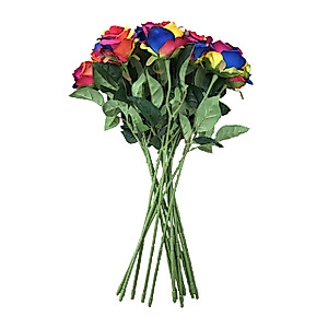 BELLAUSA 15 Pcs Rainbow Roses Silk Artificial Rose Flowers Home Decorations for Wedding Party or Birthday Garden Bridal Bouquet Flower Saint Party Event (Rainbow Rose)