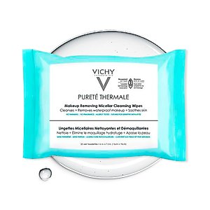Vichy Purete Thermale 3-in-1 Makeup Remover Wipes with Micellar Water & Vitamin E, Removes Waterproof Makeup, 1 Pack