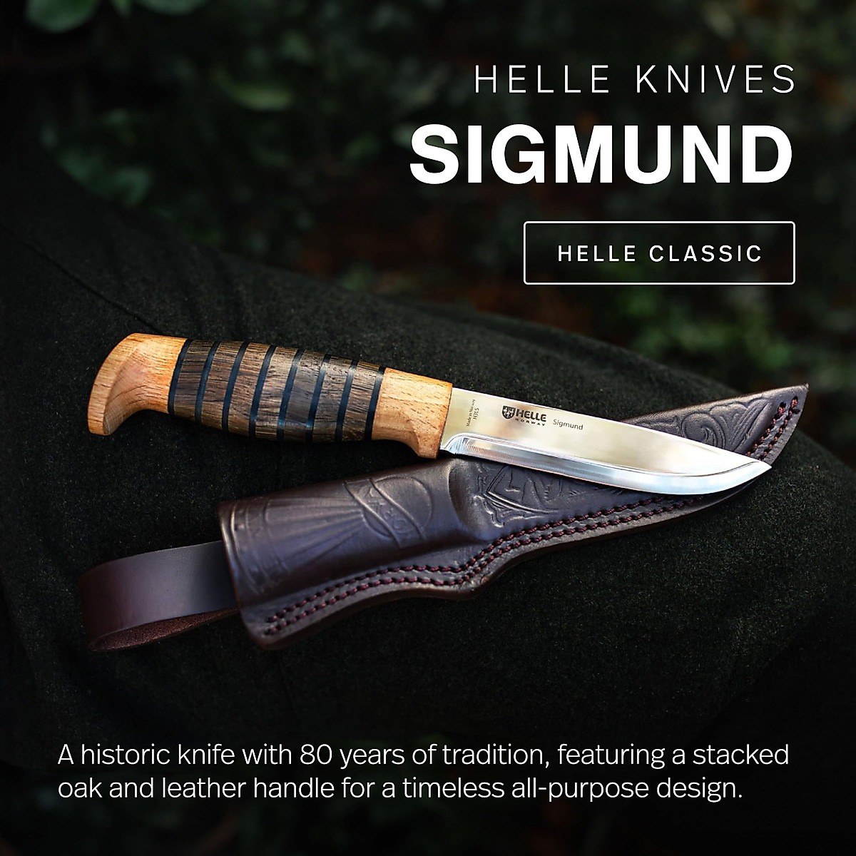 Helle Knives - Sigmund - Triple Laminated Stainless Steel Fixed Blade - Beech, Darkened Oak, & Leather Handle - Leather Sheath - Field Knife for Camping, Fishing, Hunting, Men & Women - Made in Norway