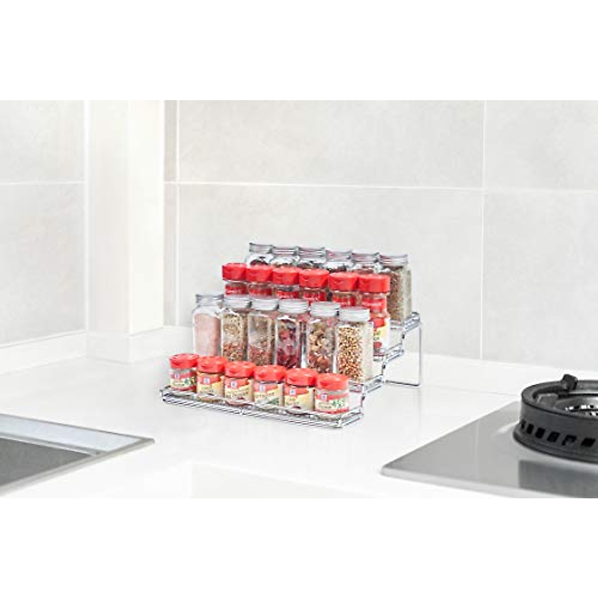 MEIQIHOME 4 Tier Spice Rack Organizer Step Shelf Countertop Spice Storage Holder, for Kitchen Cabinet Cupboard Pantry, Metal, Chrome