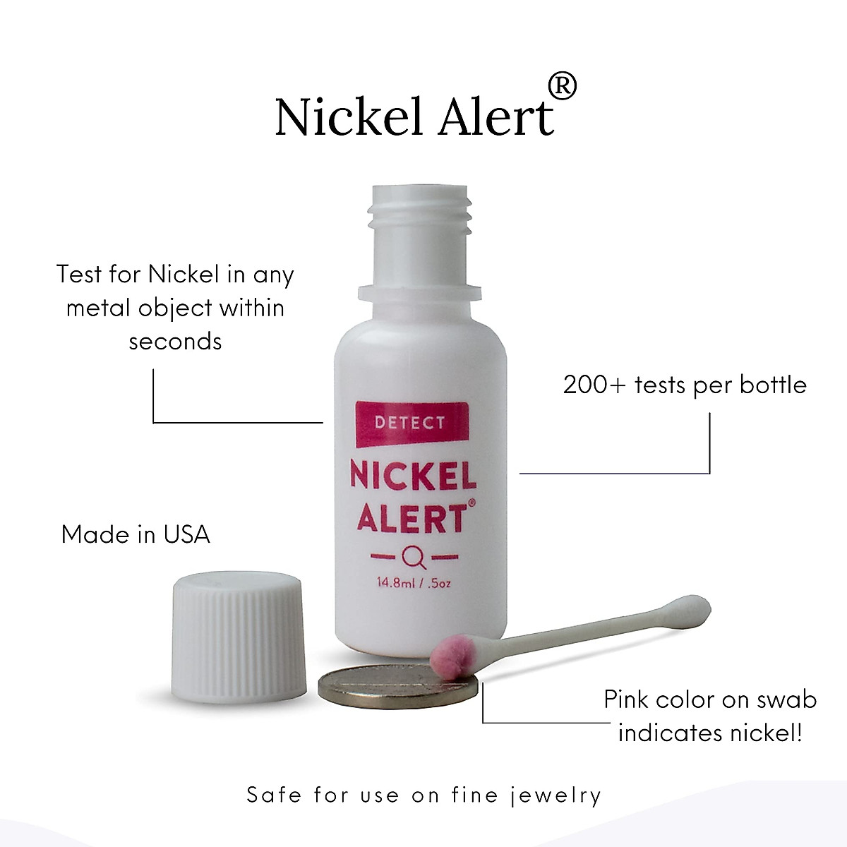 Nickel Alert Single Bottle - Perform 200+ At-Home DMG Spot Tests for Nickel in Metal (Jewelry, Watches, Buttons, Buckles) - Jewelry Test Kit for Nickel Allergy Protection