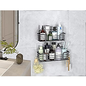 shfhesive Adhesive Bathroom Shower Shelves(2 Pack), SUS304 Stainless Steel Rustproof Shower Caddy Shower Racks for Inside Shower, No Drilling Bathroom Shower Organizer with 4 Hooks(Black)