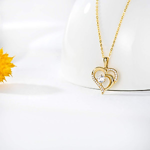 14K Solid Gold Heart Necklace Jewelry for Women, Dainty Real Gold Double Love Hearts Pendant Necklace Delicate Love Jewelry Gift for Mom, Wife 16-18 inch