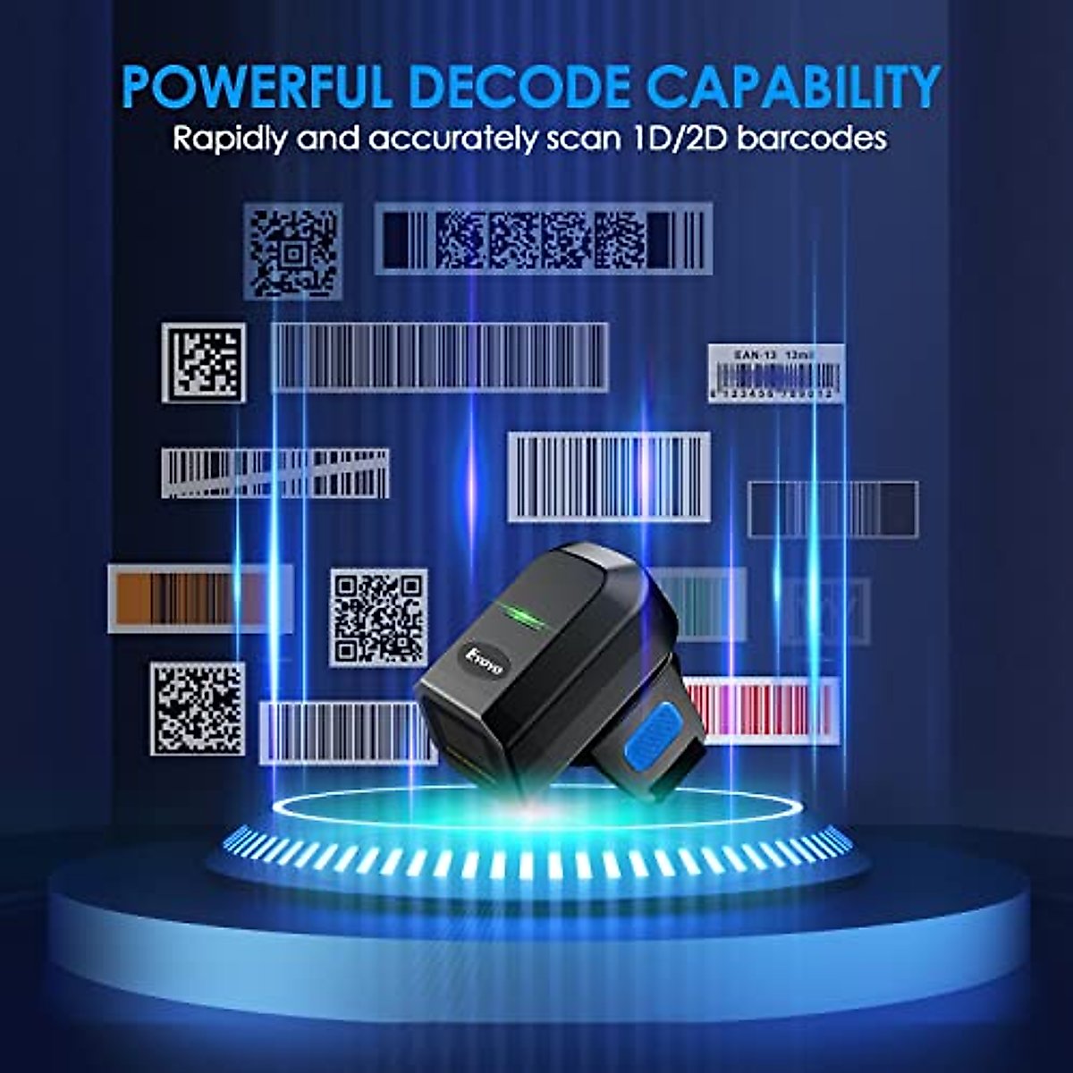 Eyoyo 2D Bluetooth Ring Barcode Scanner with Wireless Charging Dock,Left & Right-Handed Use, Wearable 1D QR Finger Hands Free Inventory Bar Code Reader Compatible for Tablet iPhone Android iOS PC