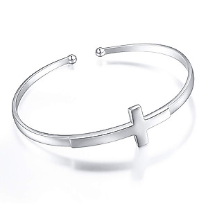 DAOCHONG S925 Sterling Silver Engraved Faith Hope Love Inspirational Cuff Cross Bangle for Women Sister