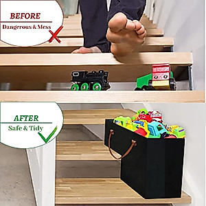 2 Pack Stair Basket with Handle, Foldable L-Shape Felt Storage Basket with 4 Pcs Supporting Insert for Carpeted Stairs, Large Staircase Organizer with Handle for Toys, Laundry, Household Items (Black)