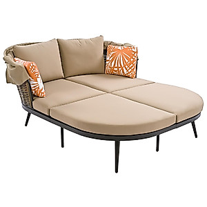 Merax 74.8" L Outdoor Daybed with Retractable Canopy Mattress Included, Patio Rattan Back Loveseat Sofa, Day Bed Throw Pillows and Cushions Set for Backyard, Poolside, Garden, Brown