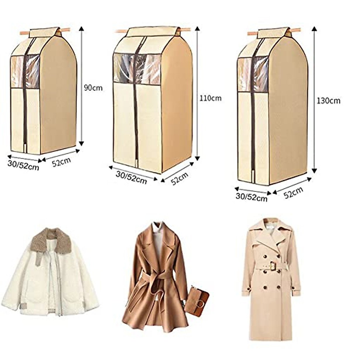 YXDFG Hanging Garment Bag for Closet,Dustproof Breathable and Non-Woven Fabrics Wardrobe Clothing Storage Organizer,with Large Clear Window and Zippers Opening,Brown,52×52×90cm