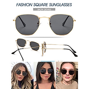 PORADAY Hexagonal Polarized Sunglasses for Women Men Vintage Square Metal Sun Glasses Geometric Shades (Gold/Gray)