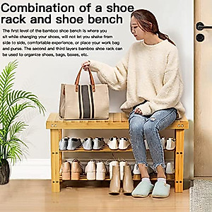 CMOOD Bamboo Shoe Rack Bench, 3-Tier Bamboo Shoe Organizer for Entryway Hallway Bathroom Bedroom Living Room, Storage Shoe Shelf Holds up to 300lbs