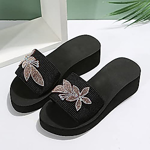 Coerni Nine Slippers Women Spring 2023 New European and American Fashion Rhinestone Butterfly Thick Bottom Large Wedge Heel Slippers (Black, 9)