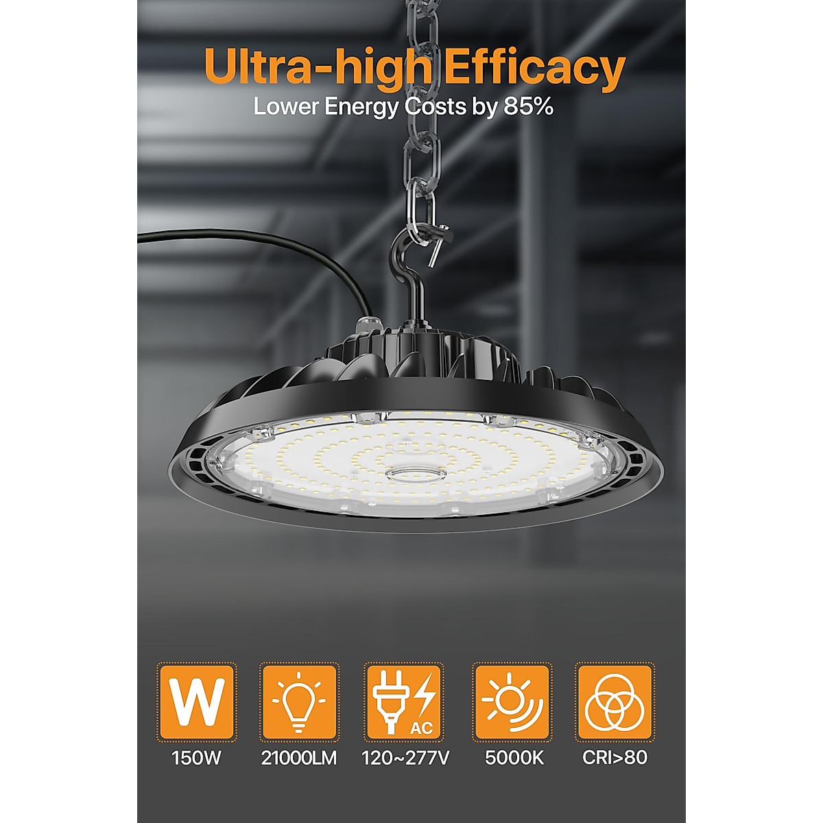 Pvilub High Bay LED Shop Lights: 150W 21000LM UFO LED High Bay Light with US Plug, 120-277V, IP65 Commercial Bay Lighting, High Bay LED Lights for Garage Workshop Warehouse Factory Barn 2PACK