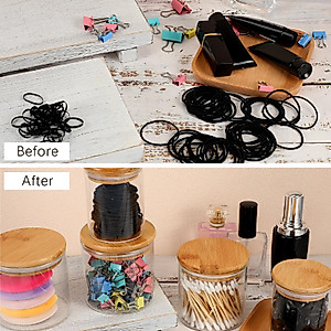 Dandat 6 Pack Glass Apothecary Jars with Lids Bamboo Bathroom Jars Cotton Ball Pad Round Swab Holder Dispenser Vanity Canisters for Countertop Storage Hair Ties Floss Organizer, 8.5 oz and 10.8 oz