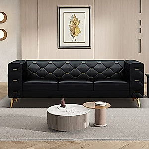 Chesterfield Sofa, 84'' Leather Upholstered 3 Seater Couch with Square Arms and Tufted Back, Mid-Century Modern Sofa with Metal Buckle and Metal Legs Decor for Living Room, Office, Bedroom