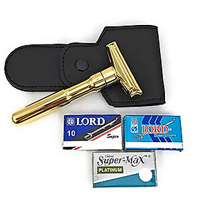 G.B.S Men's Gold Solingen, Double Edge Safety Razor with 25 Blades, Leather Case, Compliments with Any Wet Shaving and Beard Equipment