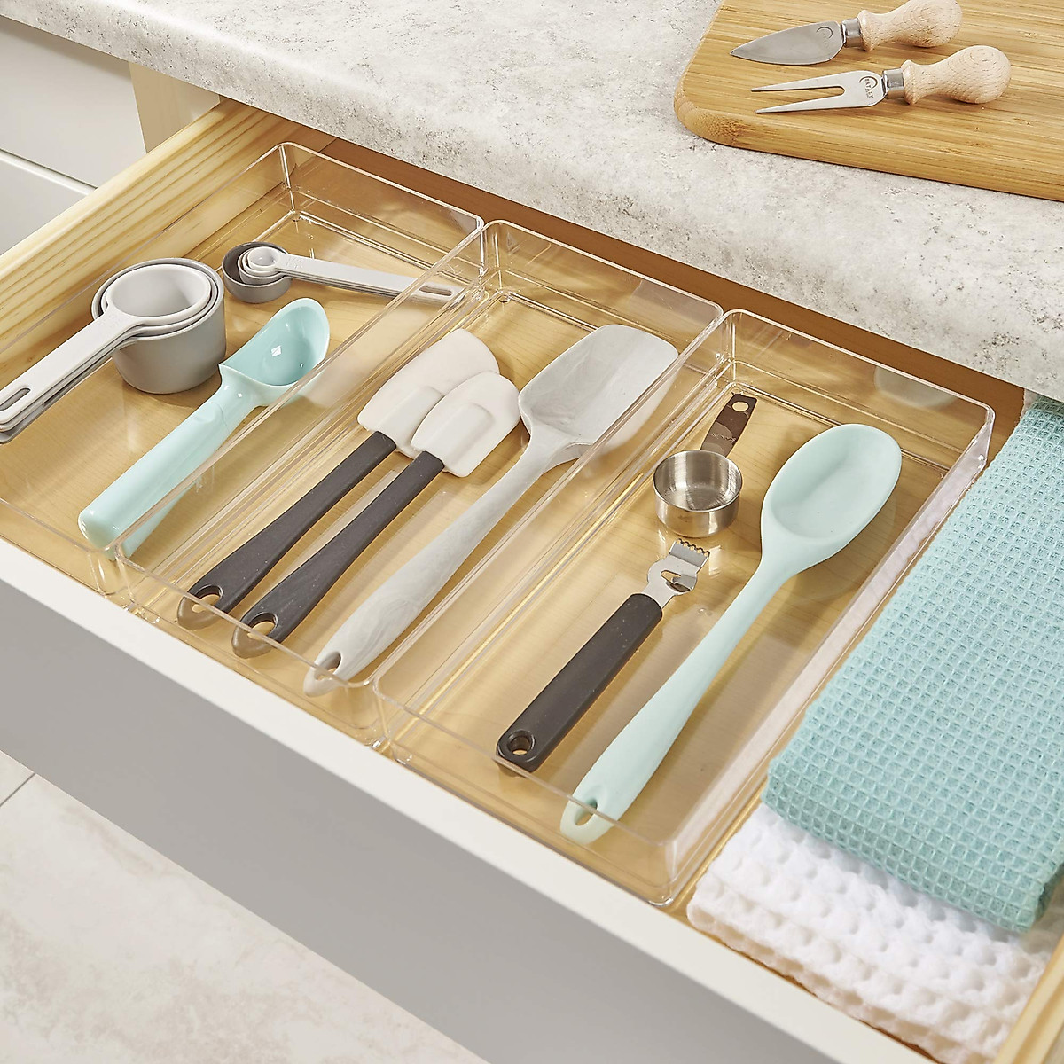 STORi SimpleSort 3-Piece Stackable Clear Drawer Organizer Set | 12" x 6" x 2" Rectangle Trays | Wide Makeup Vanity Storage Bins and Office Desk Drawer Dividers | Made in USA