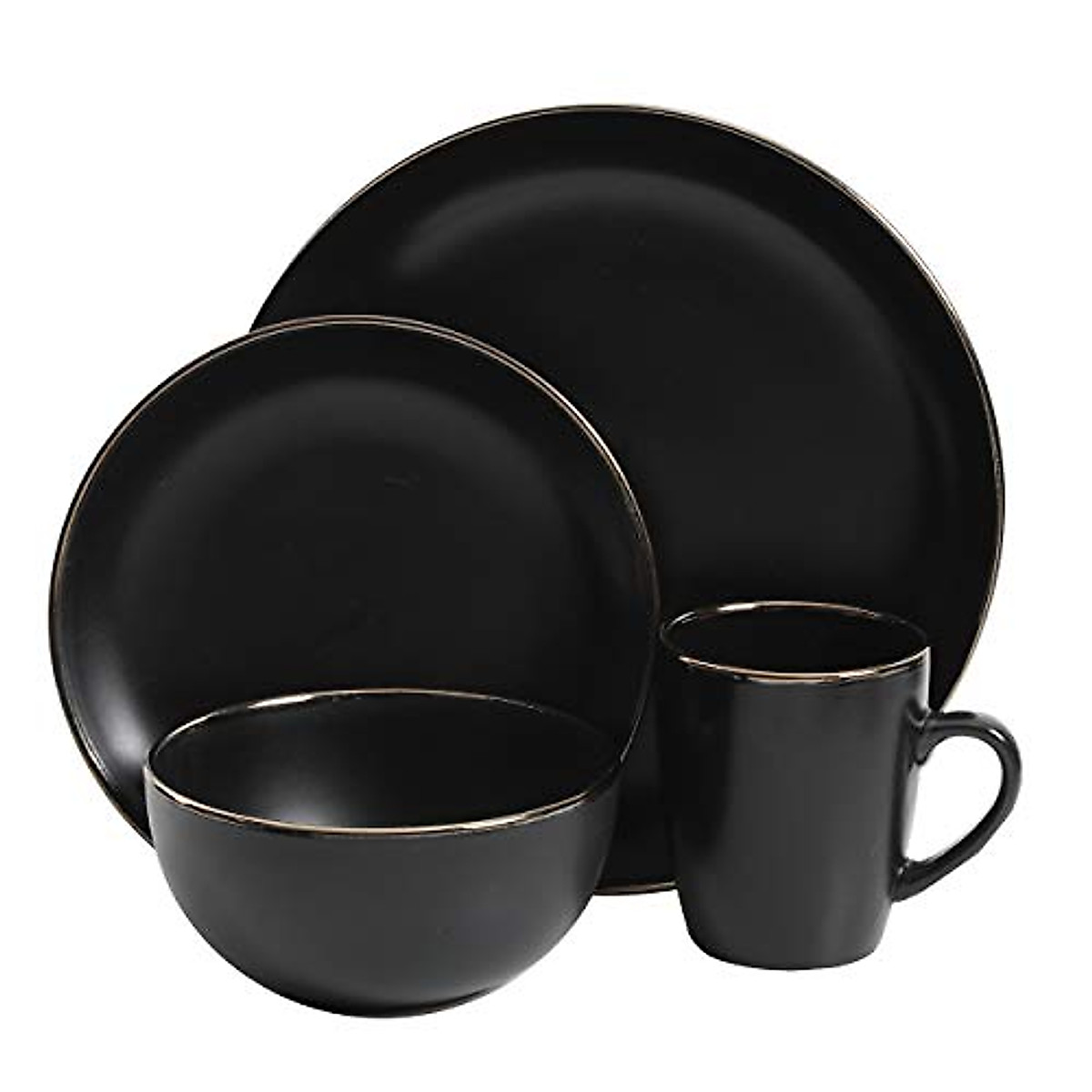 Gibson Home Rockaway Round Stoneware Dinnerware Set, Service for 4 (16pcs), Black/Gold Rim