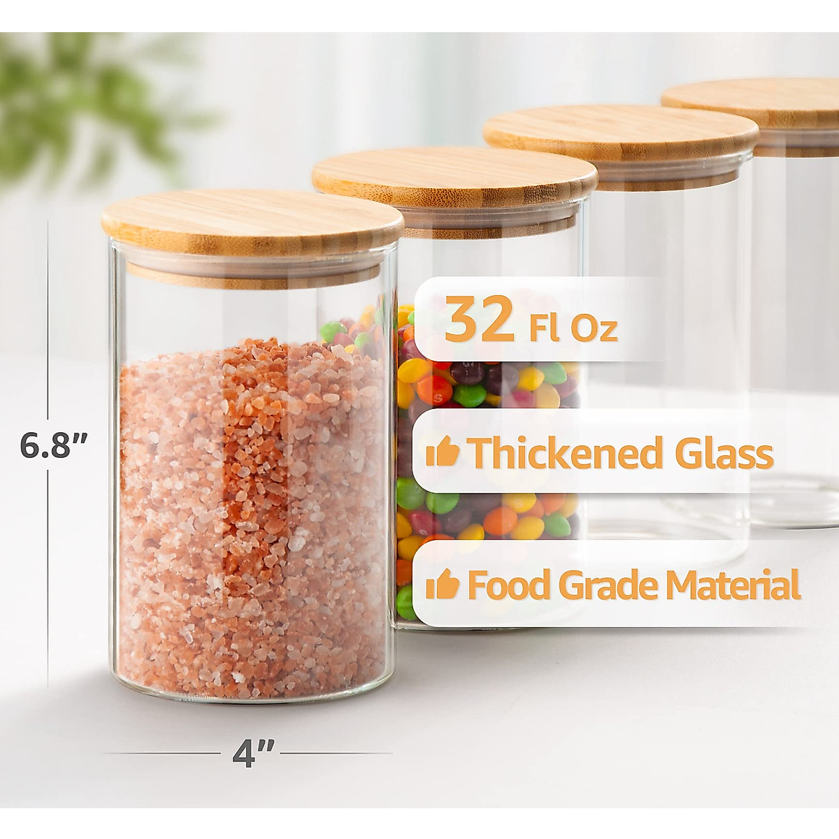 COCOYA 32 FL Oz Glass Jars with Bamboo Lid Set, 4Pack UPGRADE Thick Glass Pantry Storage Canisters Kitchen Clear Food Containers, for Dry Foods Nut Meal Prep Coffee Bean Candy Sugar Cookie Cereal