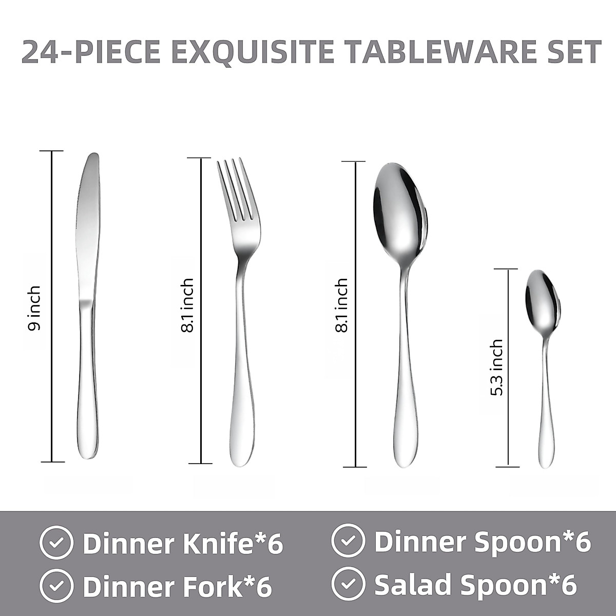 24-Piece Stainless Steel Cutlery Service for 6, Mirror Polished Tableware with Dinner Fork, Steak Knife, Dinner Spoon & Salad Spoon, Dishwasher Safe, Suitable for Dinner, Banquet, Parties