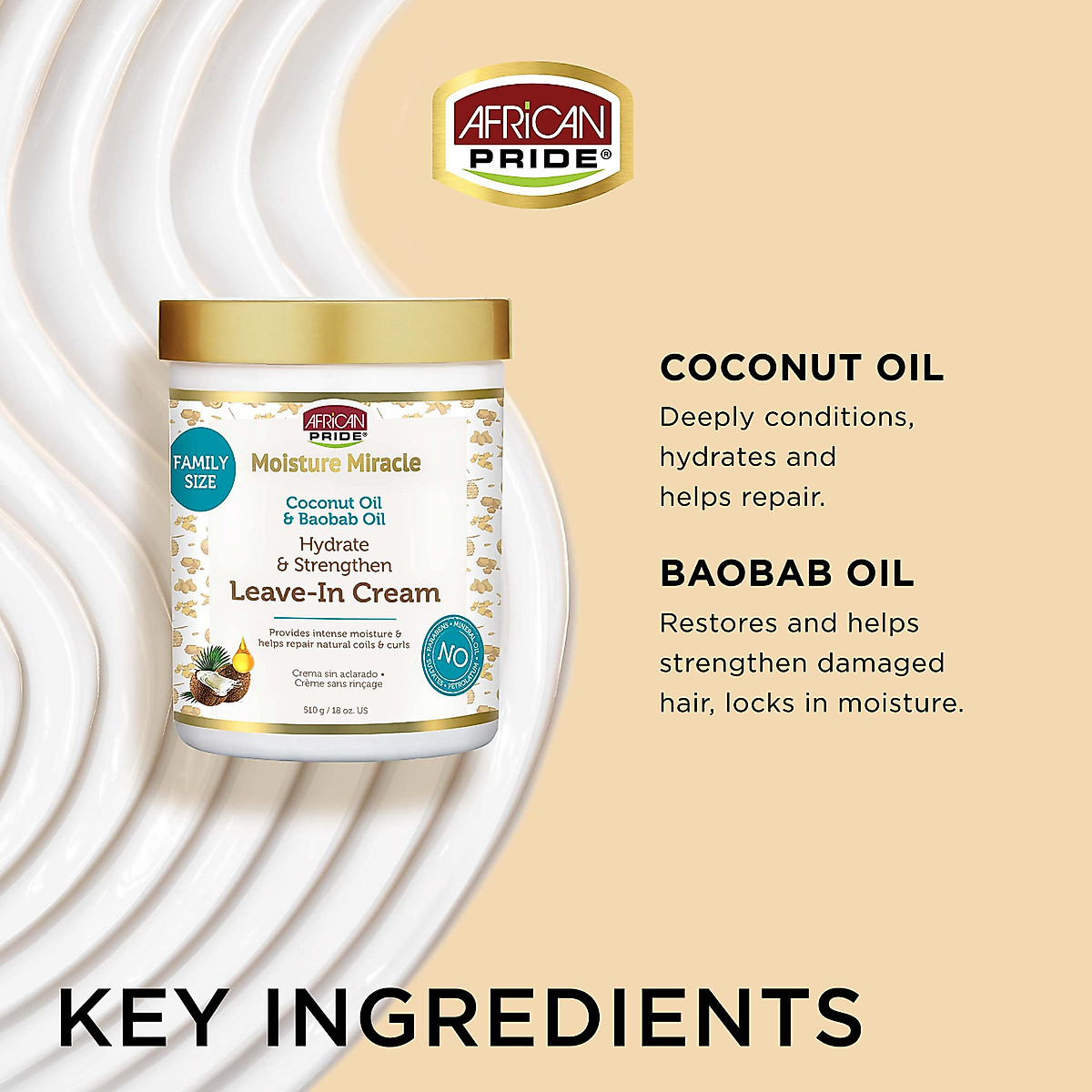 African Pride Moisture Miracle Coconut Oil & Baobab Oil Leave-In Hair Cream - Provides Intense Moisture & Helps Repair Natural Coils & Curls, Hydrates & Strengthens, 18 oz