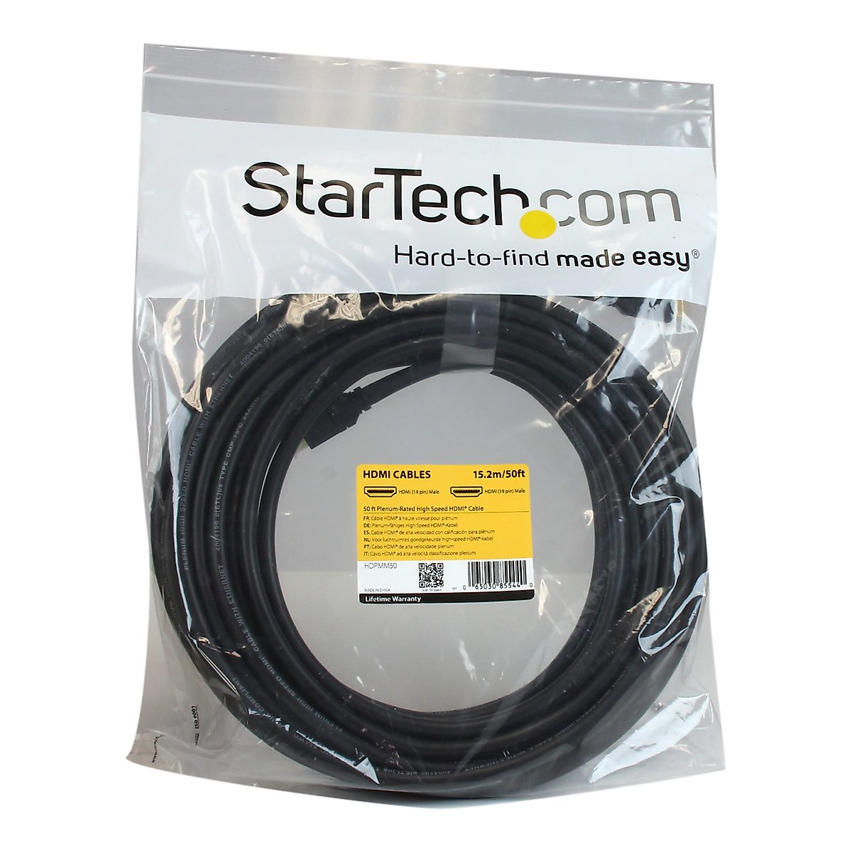 StarTech.com 50ft Plenum Rated HDMI Cable, 4K High Speed Long HDMI Cord w/ Ethernet, 4K30 UHD, 10.2 Gbps, HDCP 1.4, In Wall Plenum HDMI 1.4 Display Cable, HDMI to HDMI Computer to TV Cable (HDPMM50)