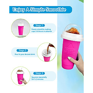 Slushy Maker Cup, DIY Magic Slushy Maker Squeeze Cup, Portable Smoothie Squeeze Cup for Juices, Milk and Ice Cream Make, Double Layers Silica Cup with Lid & Straw for Kids, Friends, Family (Pink)1
