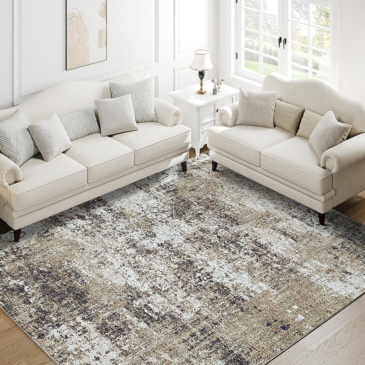 PureCozy Modern Abstract Taupe Rug 5x7 Machine Washable Living Room Area Rug Kitchen Brown Indoor Accent Rug Low Pile Carpet Distressed Throw Rug Bedroom Office Dining Room Laundry Room Non Slip