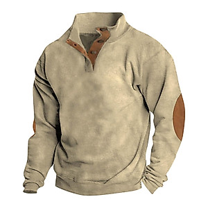 Mens Vintage Sweatshirt Casual Henley Pullover Waffle Button Up Sweater Long Sleeve Shirt with Patched Elbow WorkoutHoodiets For Men Hoodies Black Sweatshirt,(E-Khaki,XXL)