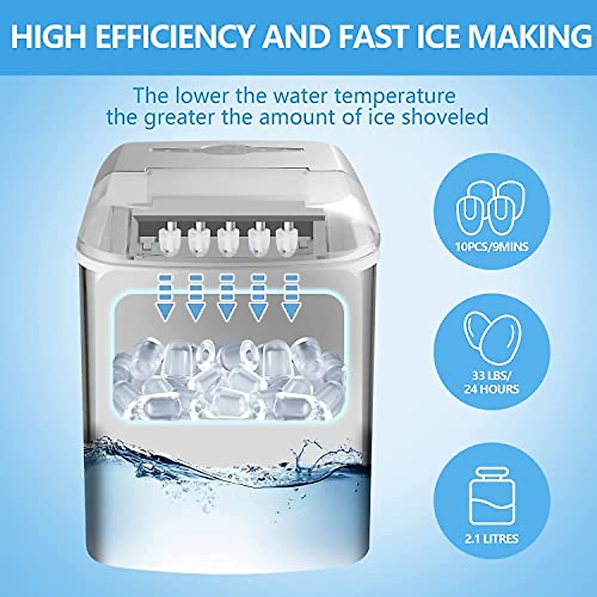 KUMIO Stainless Steel Ice Makers Countertop, 33 Lbs in 24 Hrs, 10 Bullet Ice Ready in 6-8 Mins, Automatic Self-Cleaning, 2 Sizes of Bullet Ice for Home Kitchen Office Bar Party