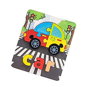 Almencla Children 3D Shapes Letter Wood Jigsaw Puzzle Montessori Toy Birthday Gift Vibrant Colors Early Learning Tool Accessories Rounded Edges, Automobile