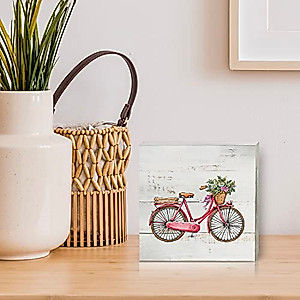 Bicycle and Flowers Spring Wood Box Sign Home Decor Rustic Spring Wooden Box Sign Block Plaque for Wall Tabletop Desk Home Decoration