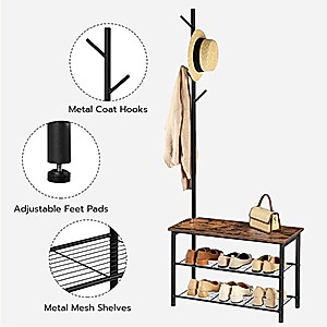HOOBRO Shoe Bench, 28.3" Entryway Storage Bench with Coat Rack, 3-Tier Shoe Rack with Metal Mesh Shelves, Mudroom Bench, 4 in 1 Rustic Bench for Hallway, Foyer, Doorway, Bedroom BF12HX01