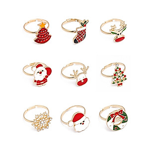 Frodete 9 Pcs Christmas Rings for Women,Rhinestone Christmas Ring Set Gold Santa Claus Bow Snowflake Reindeer Rings for Girls