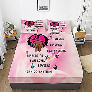 Gusuhome Black Girl Magic Bedding Sets Twin Size African American Girl Fitted Sheet Set Cute Little Afro Black Princess Bed Sheet Set for Girl Bedroom Room Decor (1 Fitted Sheet + 1 Pillowcases) Pink