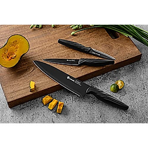 Mumulo Kitchen knife, Chef Knife Set With Sheath, German Stainless Steel Kitchen Knife Set, 6Pcs, 8 Inch Chef’s Knife & 4.5 Inch Utility Knife & 4 Inch Paring Knife & 3 Matching Knife Covers, Black.