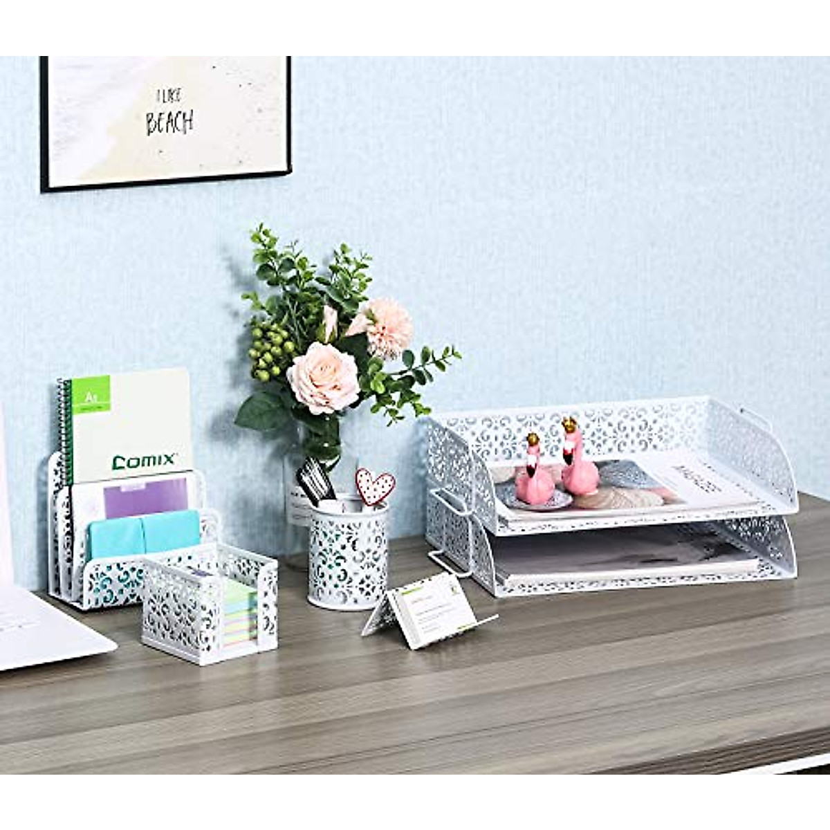 EasyPAG 5 in 1 Desk Organizer Set - 2 Tier Stackable Desk Tray,Letter Sorter, Pen Holder,Business Card Holder and Stick Note Holder,White