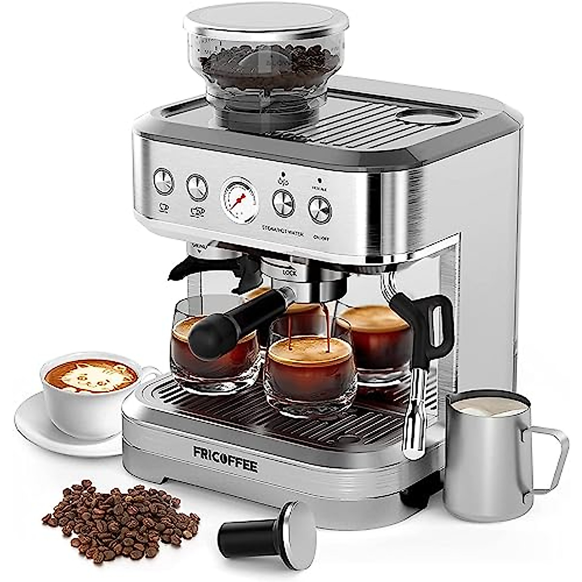 Fricoffee Espresso Machine with Milk Frother, Coffee Espresso Machine with Grinder, Cappuccino Machine Stainless Steel for Home Commercial Use, Gift fot Father Coffee Lovers