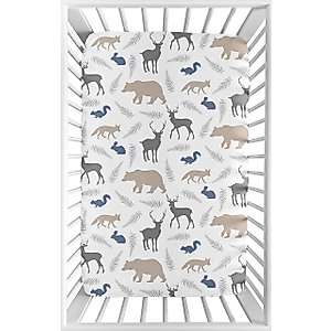 Sweet Jojo Designs Grey and Blue Baby Boy Fitted Mini Portable Crib Sheet for Woodland Animals Collection - for Mini Crib or Pack and Play ONLY