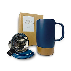 Mora Ceramics Large Tea Mug with Loose Leaf Infuser and Ceramic Lid, 18 oz, Portable, Microwave and Dishwasher Safe, Tall Coffee Cup - Rustic Matte Ceramic Glaze, Modern Herbal Tea Strainer, Deep Blue