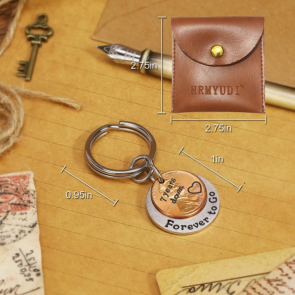 HRMYUDI Copper Gifts for 7th Anniversary, 7 Years Anniversary Copper Gift Coin Keychain with a 2018 Penny, 7 Years Down and Forever To Go Keyring, Anniversary Present for Man Woman