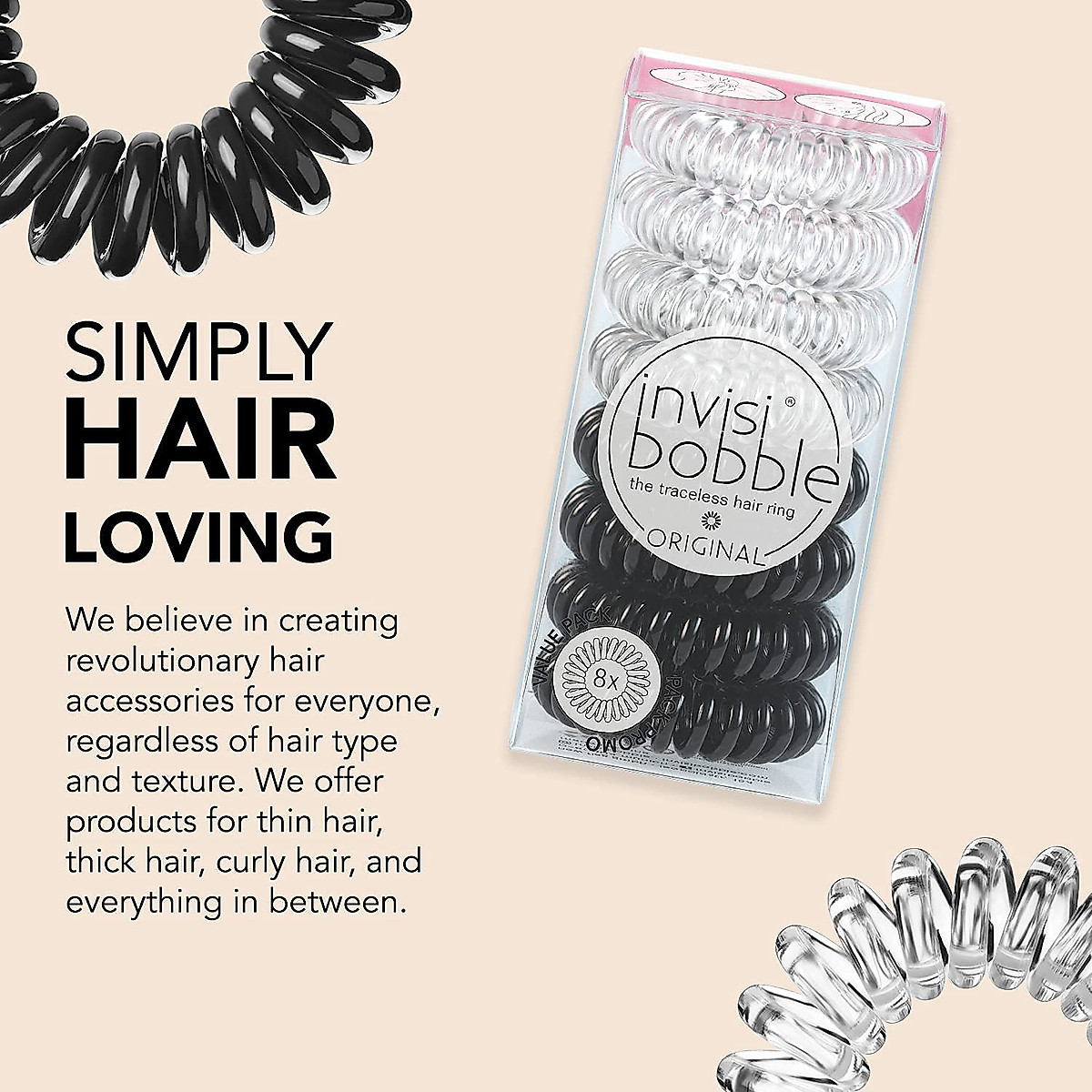 invisibobble Original Traceless Spiral Hair Ties - Pack of 8, Crystal Clear and True Black- Strong Elastic Grip Coil Accessories for Women - Non Soaking - Gentle for Girls Teens and Thick Hair