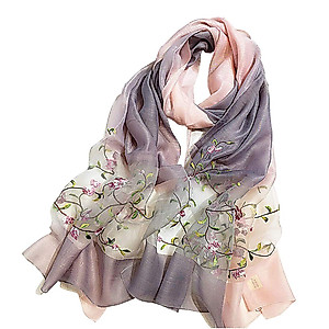 GOFINEE Women Silk&Wool Gradient Embroidered Scarf Headwrap Shawl Pink