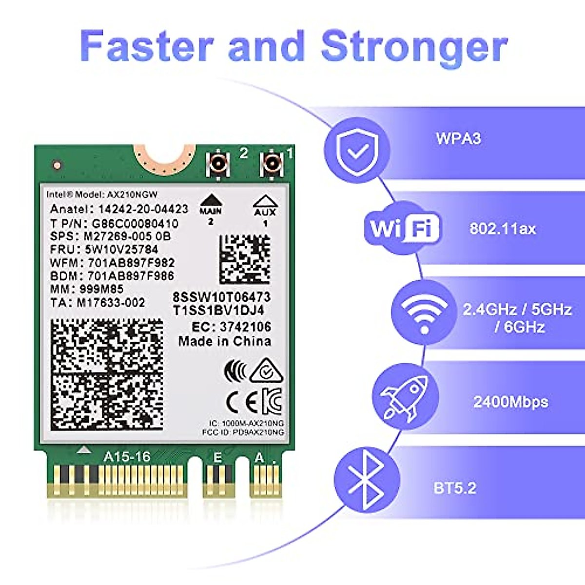AX210 Card WiFi for Laptop,Wireless Module for Laptop Desktop with Bluetooth 5.2,Wi-Fi 6E AX210NGW 802.11ax Internal Wireless Network Card M.2/ NGFF for Laptop and PC Support Windows 10 11 64bit