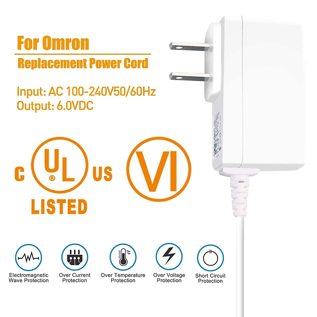 6V AC Adapter for Omron Blood Pressure Monitor Hem-ADPTW5, USA UL Listed Extra Long 6.6 Ft Cord Healthcare 5 7 10 Series BP5100 BP5250 BP5450 Charger Replacement Power Supply Cord, White