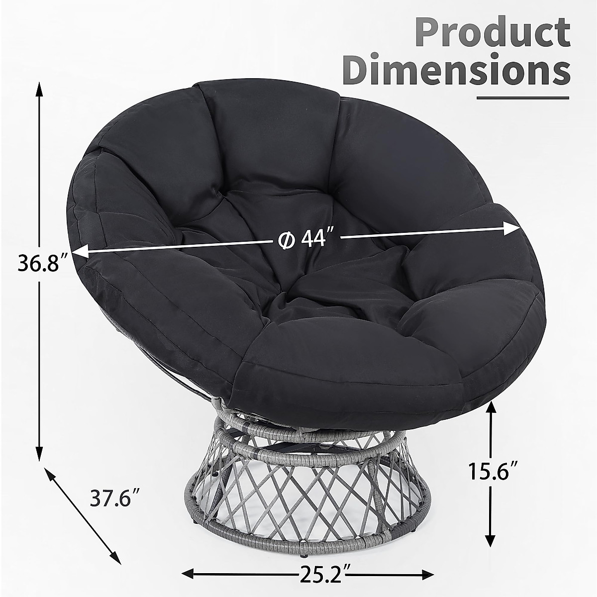 KROFEM 44" Giant Oversized Wicker Papasan Chair with Cushion Teens and Adults, Fluid 360 Swivel, Ideal for Dorm, Bedroom, or Living Room Grey Frame with Black Cushion