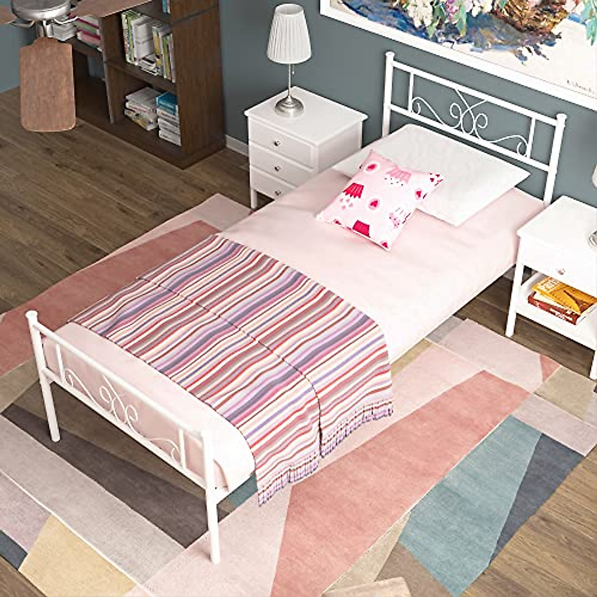 Weehom 12.7 Inch Twin Size Metal Bed Frame with Headboard Platform Bed Steel Slat Support Mattress Foundation Easy Assembly White