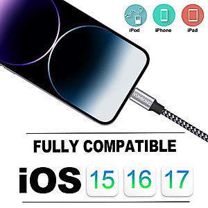 YUNSONG iPhone Charger [MFi Certified], 3Pack 6FT Nylon Braided Lightning Cable Fast Charging High Speed Data Sync USB Cord Compatible with iPhone 14 13 12 11 Pro Max XS XR X 8 7 6S 6 Plus SE