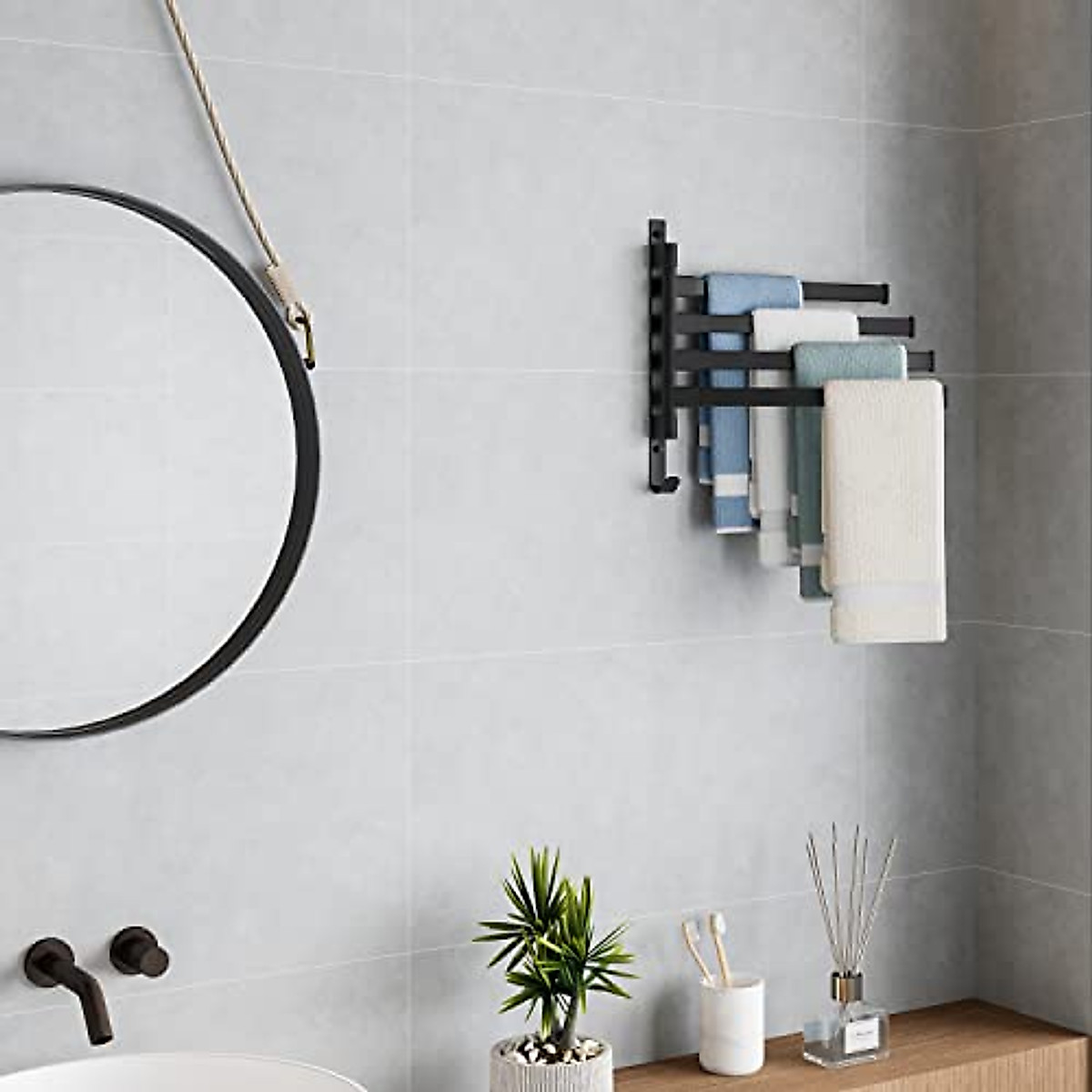 KLDKLD Swivel Towel Rack,Wall Mounted Towel Bar for Bathroom,4-Arms Towel Rack with Hook, Space Saving Towel Holder for Bathroom
