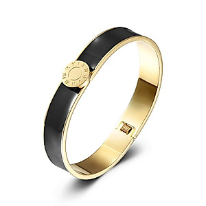 CIUNOFOR Enamel Bracelet for Women Vintage Pop-Art Colorful Cuff Bangle Stainless Steel Gold Plate Tone Wide Band Handmade for Unisex Adult Jewelry (Obsidian)