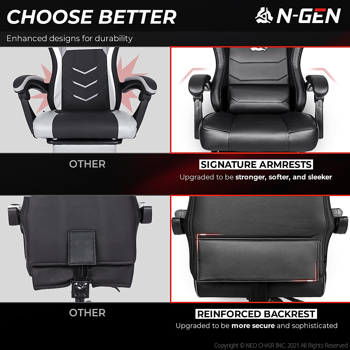 N-GEN Gaming Chair with Footrest Levelled Seat PU Leather Adjustable Ergonomic Lumbar Support High Back Office Swivel Computer Desk Headrest E-Sports PC Gamer Height Reclining (3. Black)